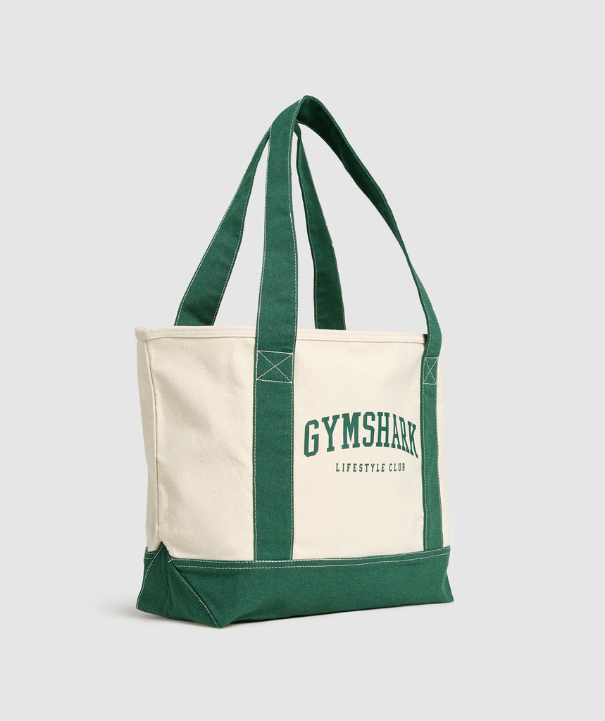 Gymshark Collegiate Oversized Tote - Oat White/Classic Green | Gymshark